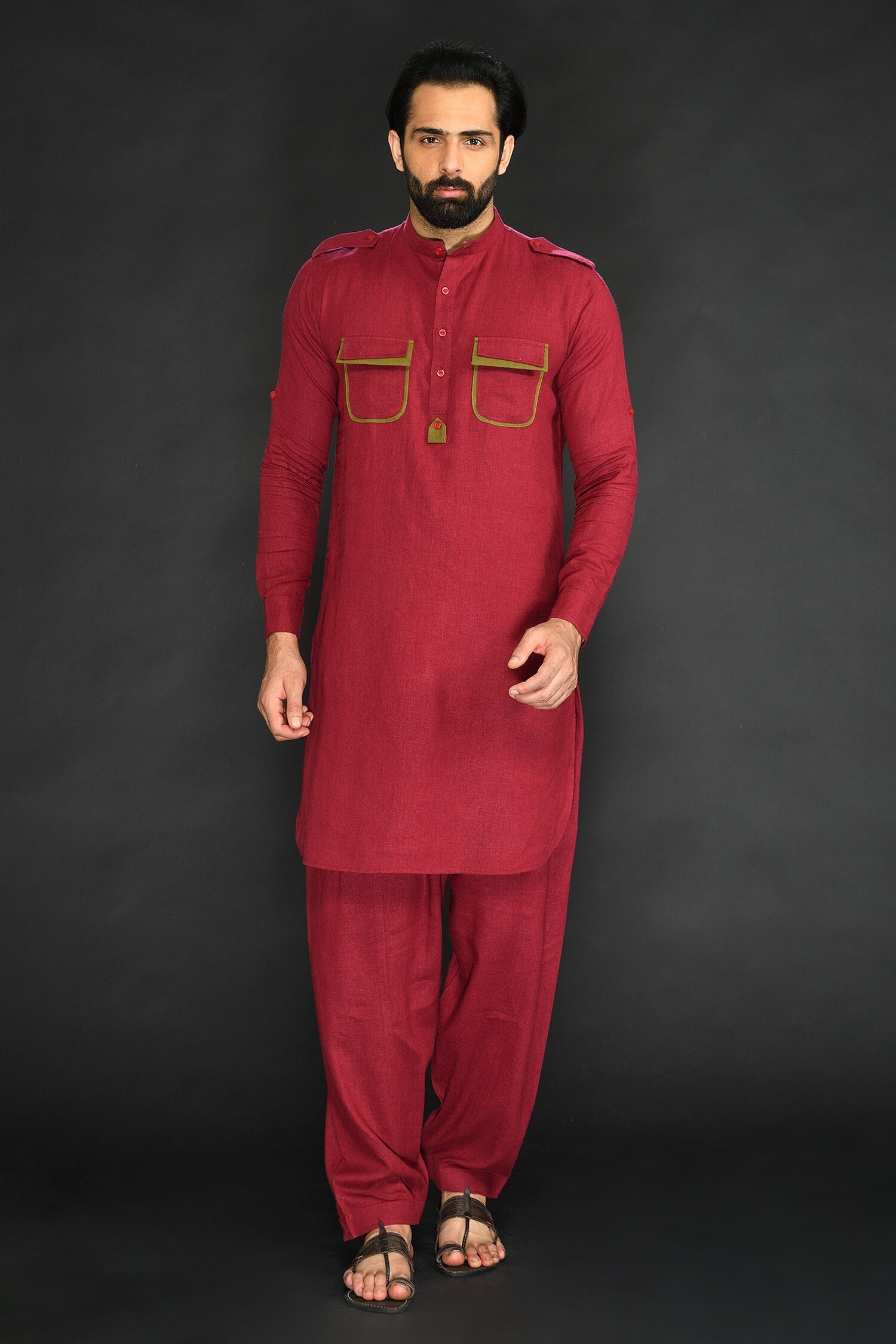 Buy SAMMOHAN CEREMONIAL Maroon Linen Viscose Band Collar Pathani And ...