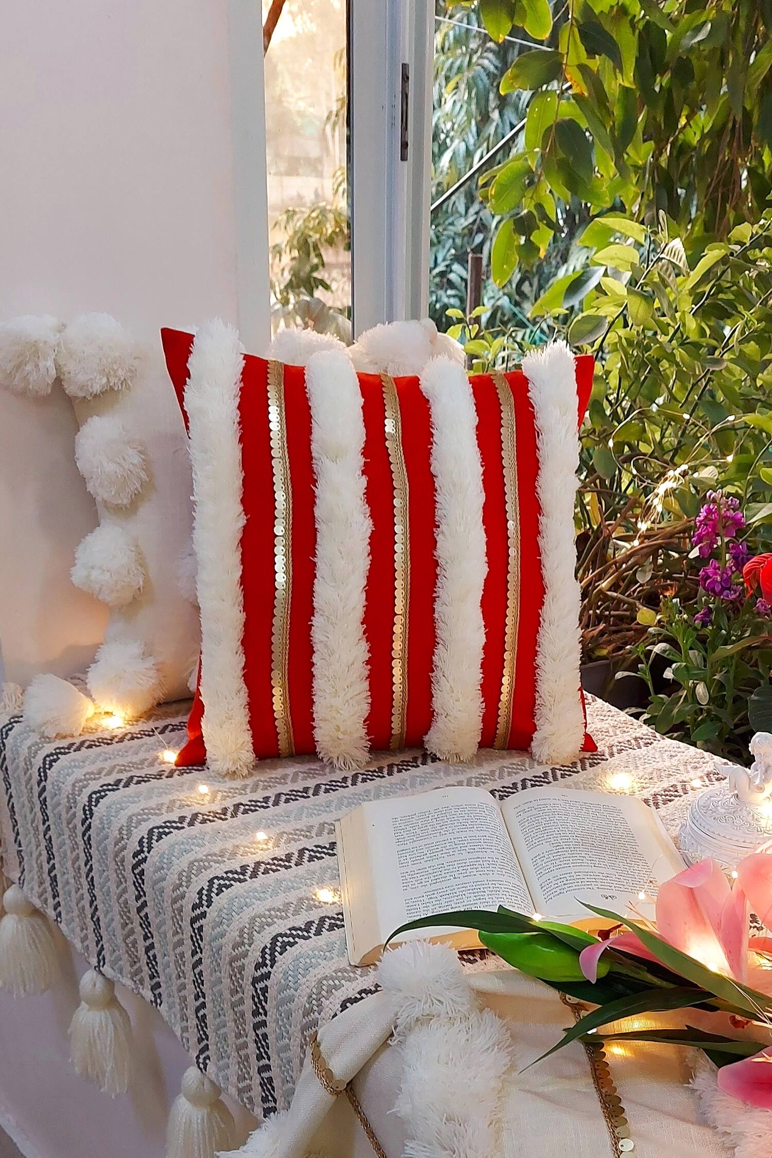 Buy Red Blend Of Cotton And Polyester Moroccan Tufted Cushion Cover by ...