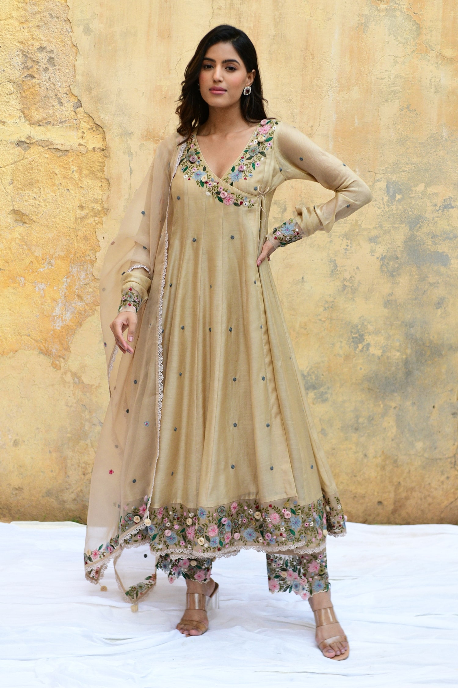 Buy Ivory Pure And Handwoven Banarasi Silk Embroidery Floral Angarkha ...