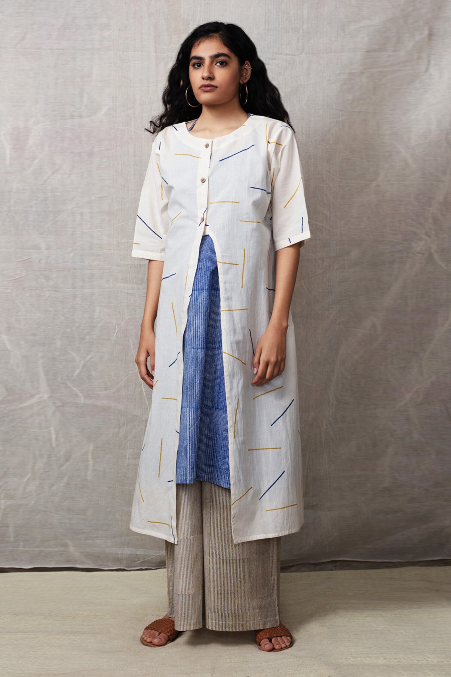 Buy Blue Cotton Print Sprinkle Round Neck Front Slit Kurta And Inner ...