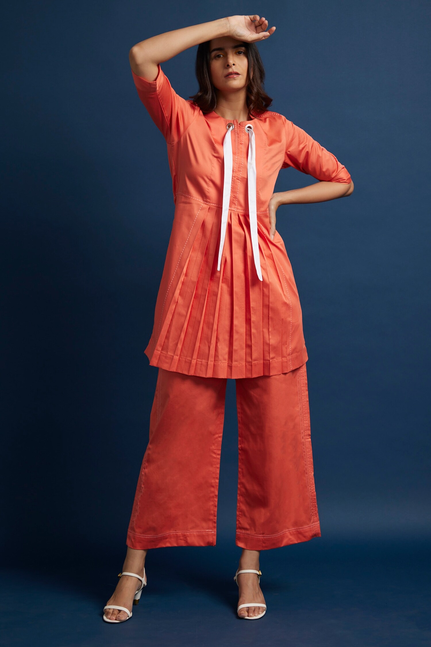 Buy Orange Cotton Satin Embroidered Stitch Lines Round Box Pleated ...