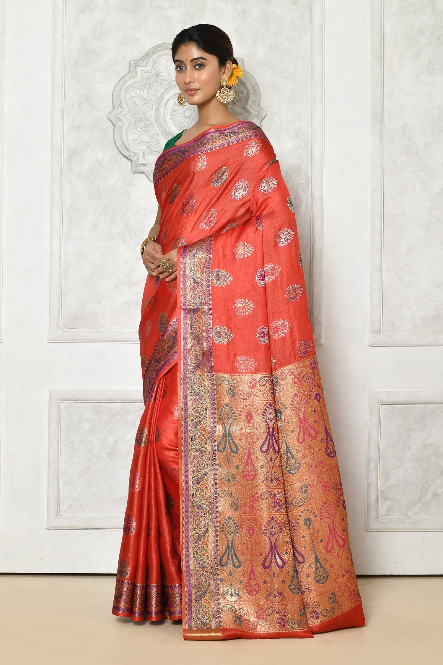 Buy Red Saree Banarasi Tussar Silk Woven Florette Brocade For Women by ...