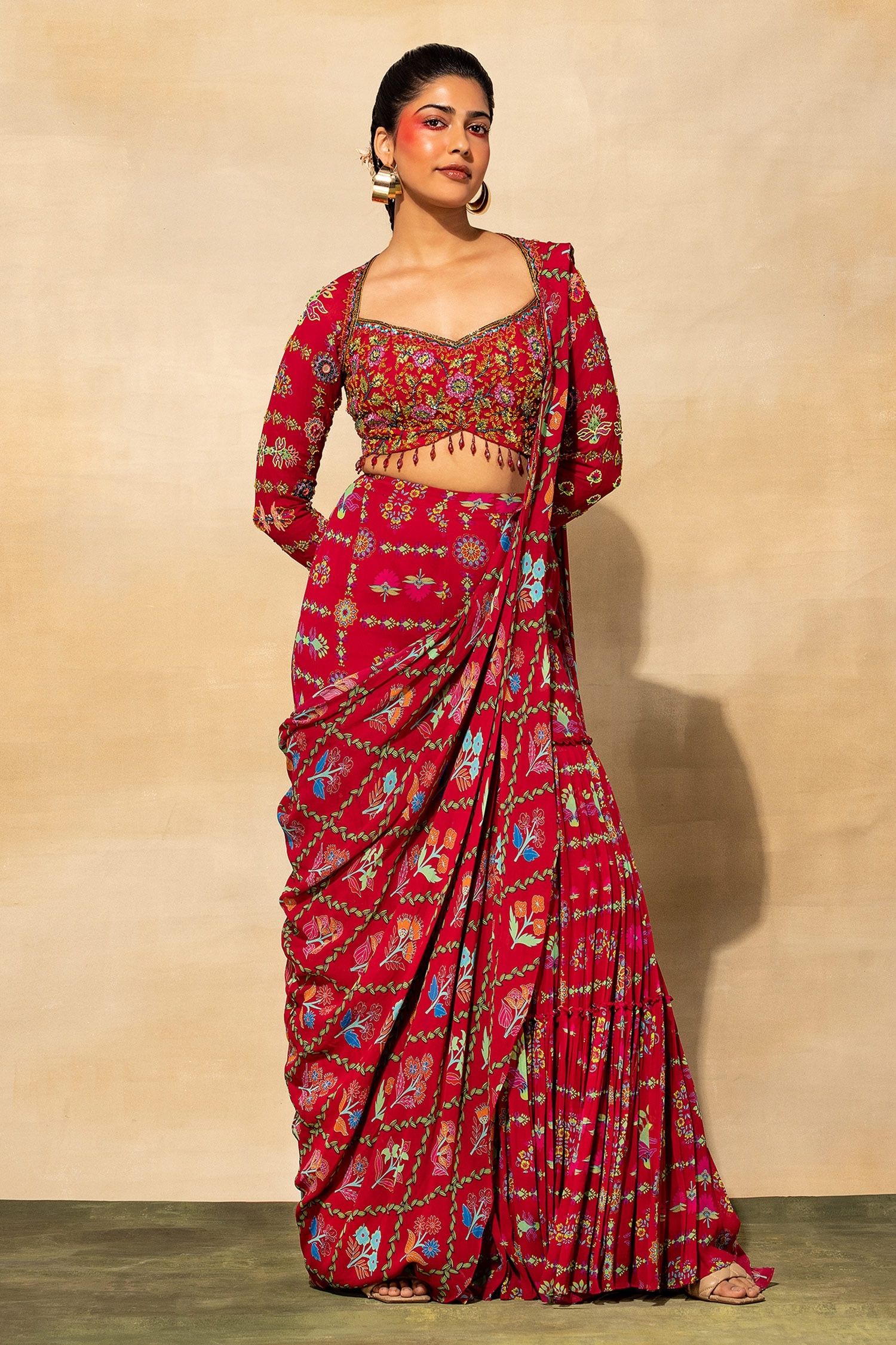 Buy Red Georgette Printed Geometric Scoop Neck Jaal Gharara Saree For ...