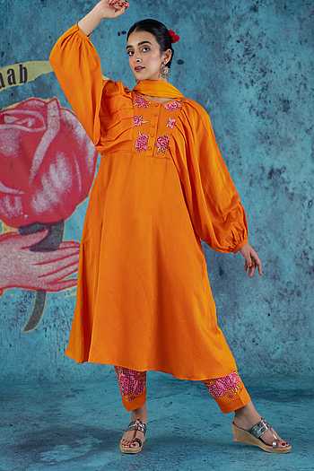 Buy Orange Cotton Satin Applique Floral Round Balloon Sleeve Anarkali ...