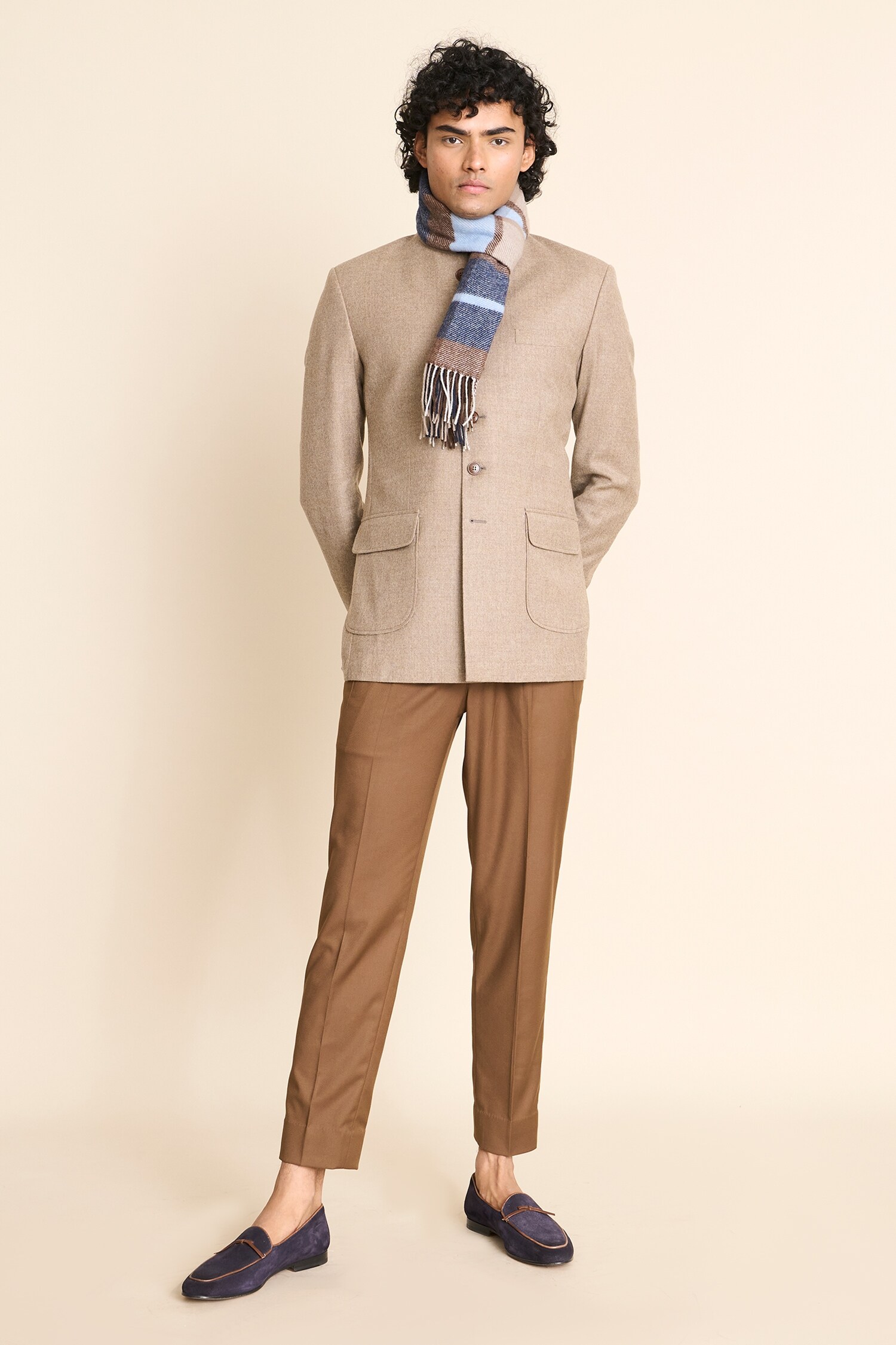 Buy Beige 100% Wool Mandarin Collar Flannel Bandhgala For Men by Gargee ...