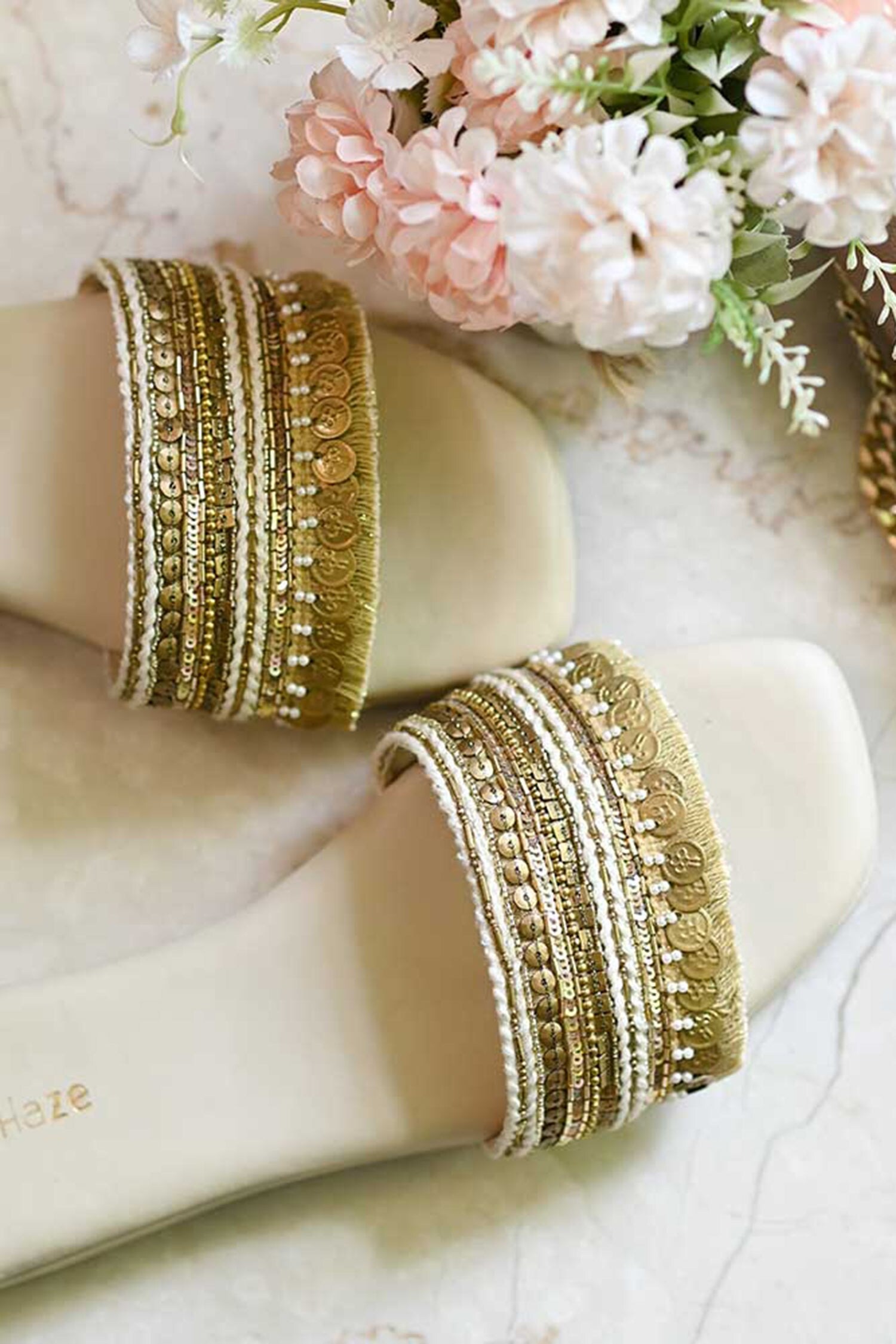 Buy Coral Haze Gold Vegan Leather Reverie Hand Embroidered Sliders ...