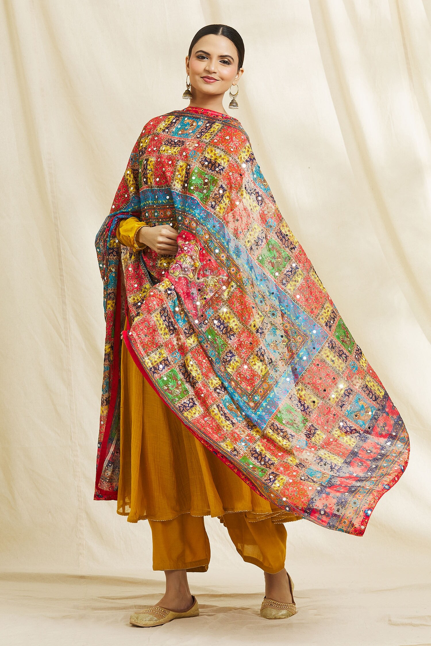 Buy Adara Khan Multi Color Chiffon Bird Print And Mirror Work Phulkari ...