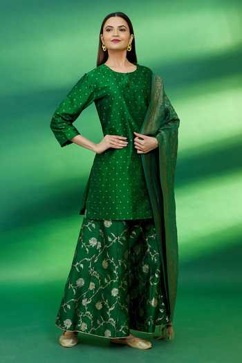 Buy Green Pure Silk Woven Banarasi Keyhole Kurta Sharara Set For Women ...