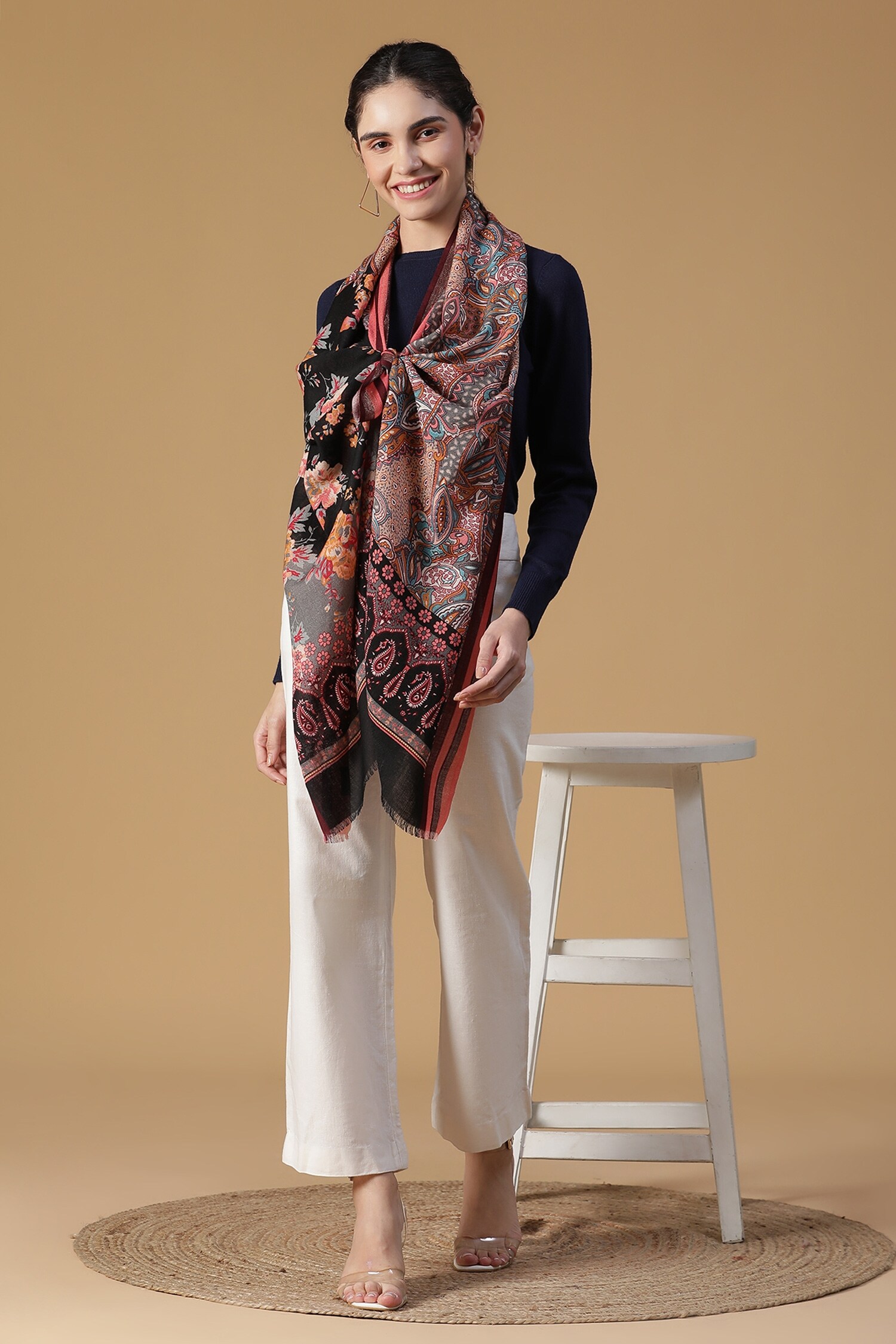 Buy Black Printed Paisley And Floral Stole by SHINGORA Online at Aza ...