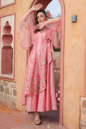 Buy Show Shaa Peach Floral Applique Angarkha Pant Set Online | Aza Fashions