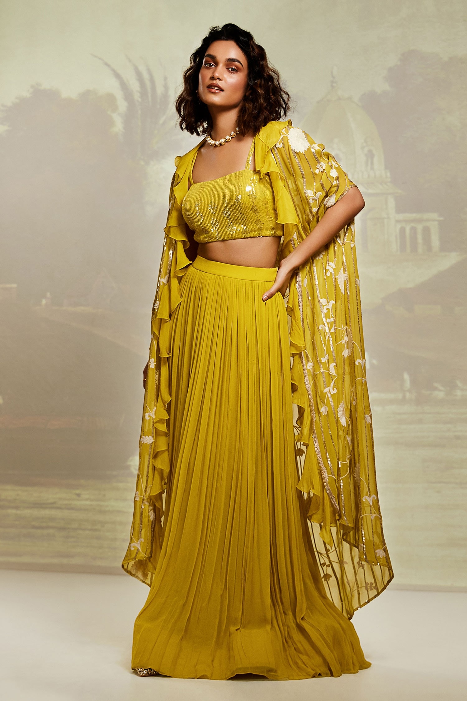 Buy Yellow Georgette Embroidered Dori Cape: Open Lehenga Set For Women ...