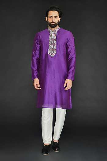 Buy SAMMOHAN CEREMONIAL Purple Vis Silk Kurta And Off White Pant Set ...