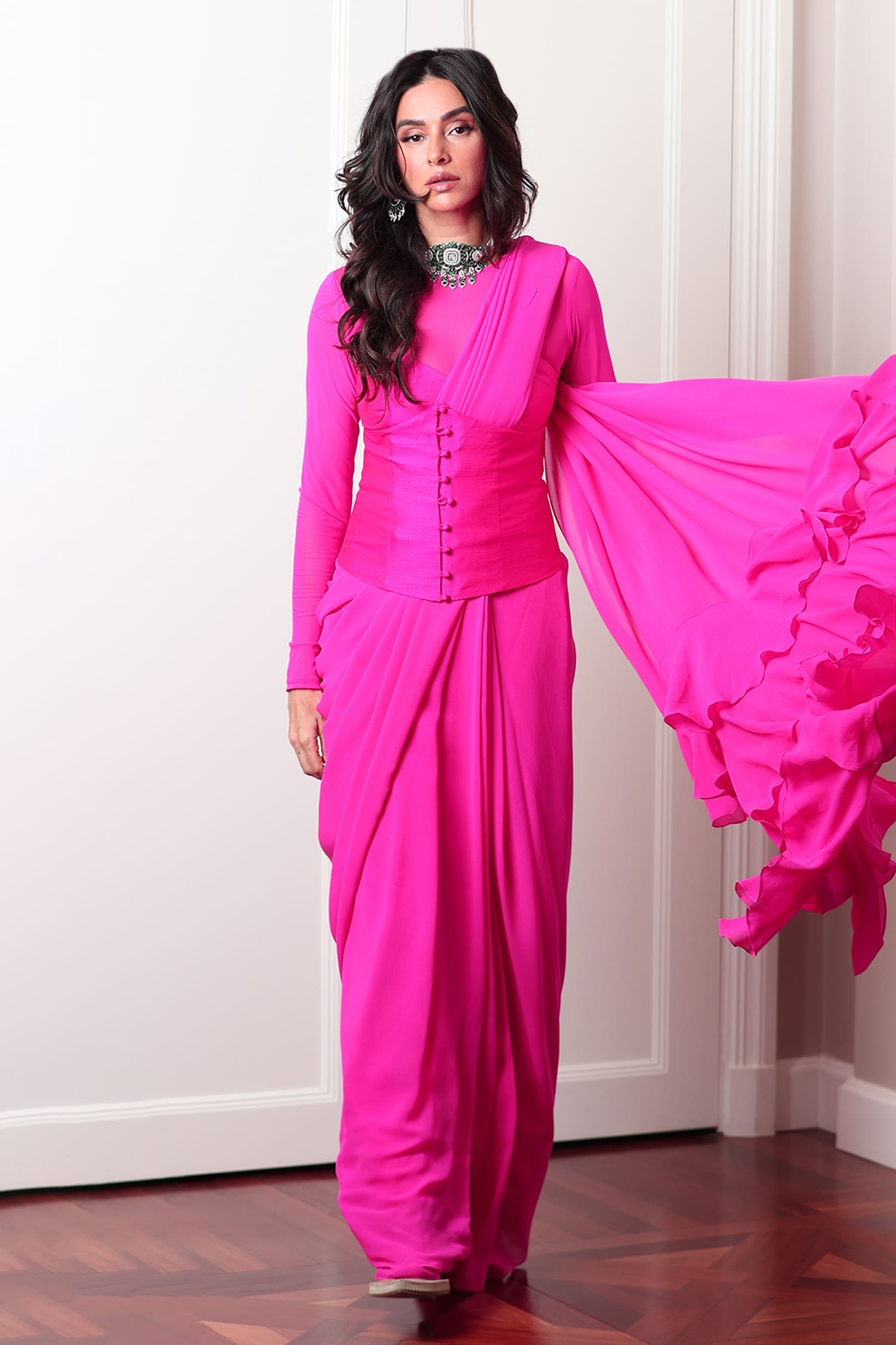 Buy Masaba Pink Bustier Gulal Ruffle Border Saree With Blouse Online ...