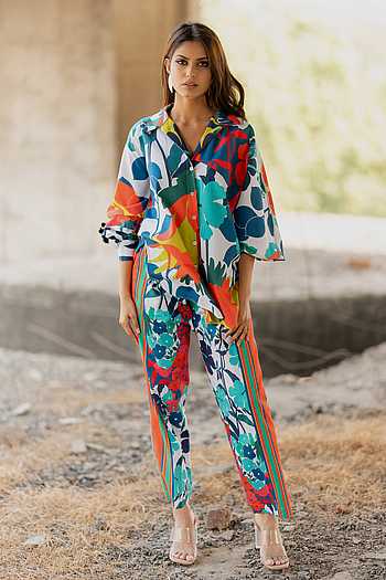 Buy Blue Cotton Satin Print Paradise Floral Balloon Sleeve Shirt With ...