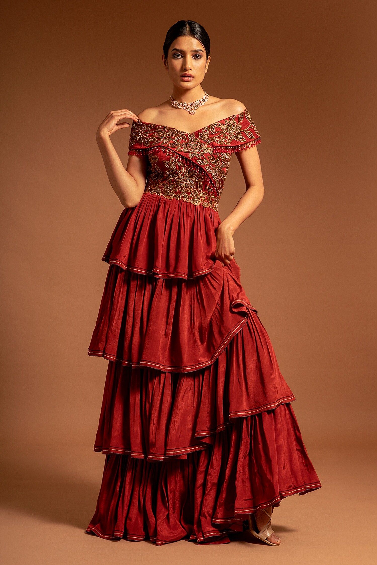 Buy Maroon Pure Satin Crepe Patch Work Flower Vine Asymmetric Layered ...