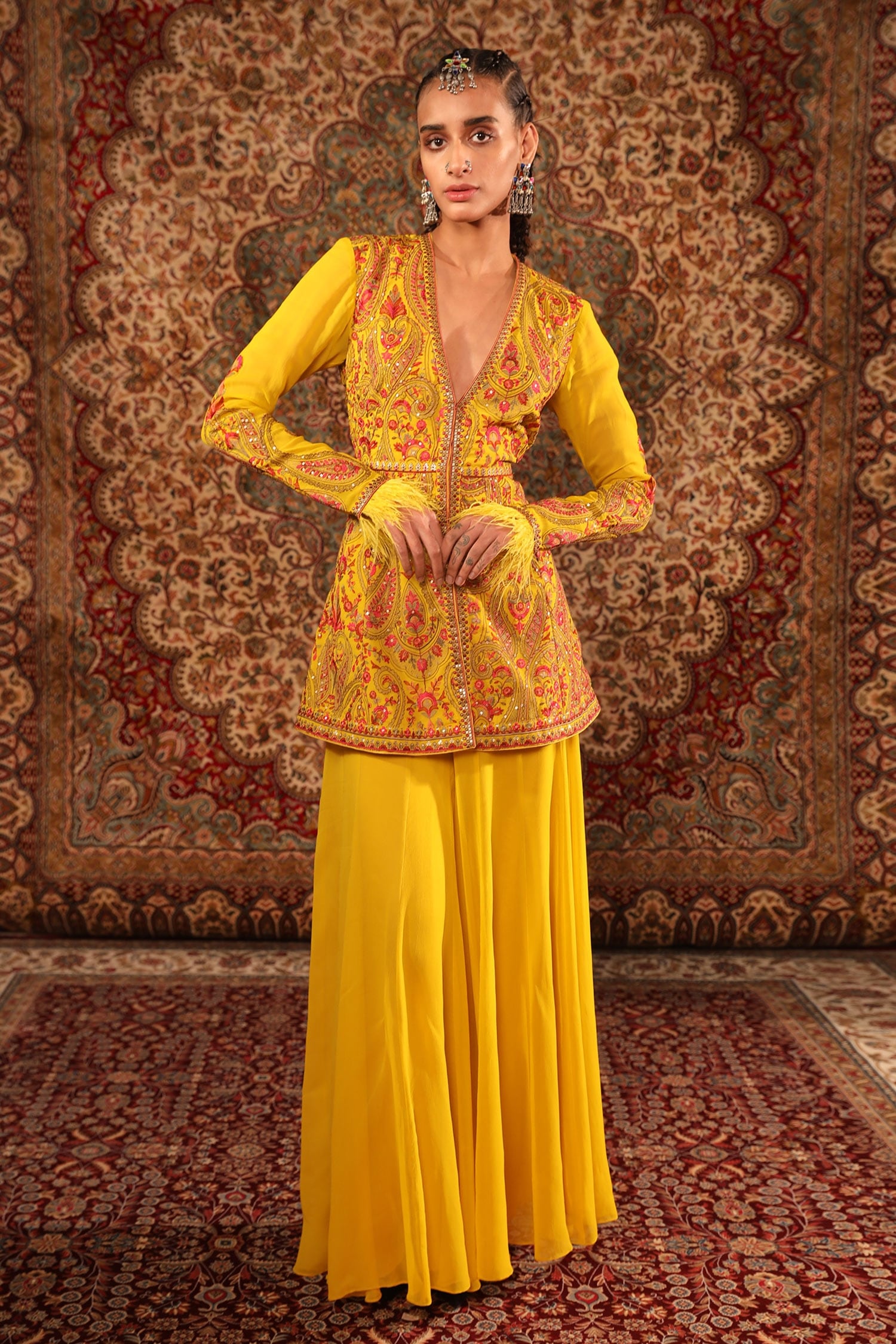 Buy Yellow Woven And Embroidered Jamawar Kashida Work Kurta And Sharara