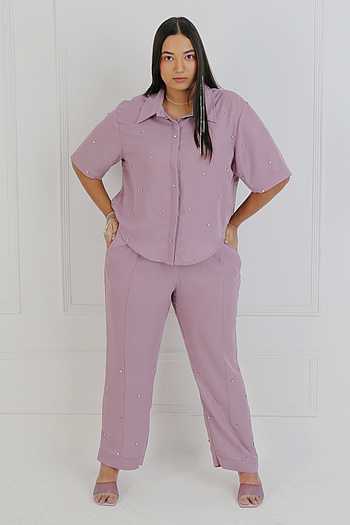 Buy KOKOKOS Purple Shimmer Double Georgette Embroidered Shirt And Pant ...