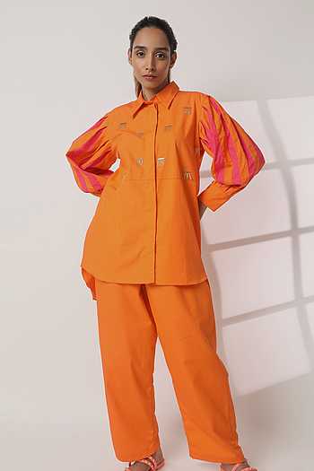 Buy Studio Moda India Orange Cotton Pleated Sleeve Flow Shirt Online ...