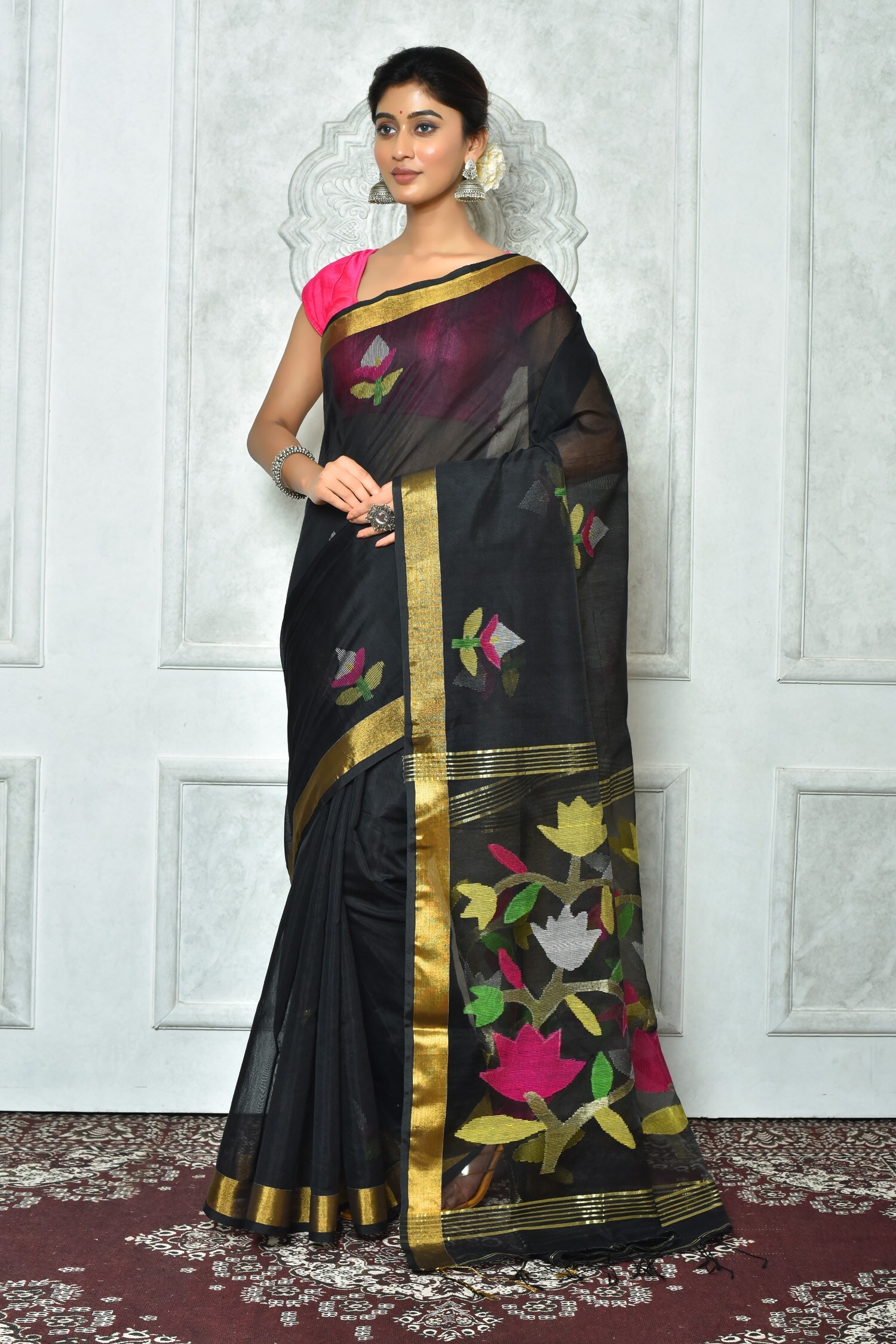 Buy Black Silk Cotton Woven Floral Pattern Floret Jamdani Saree For ...