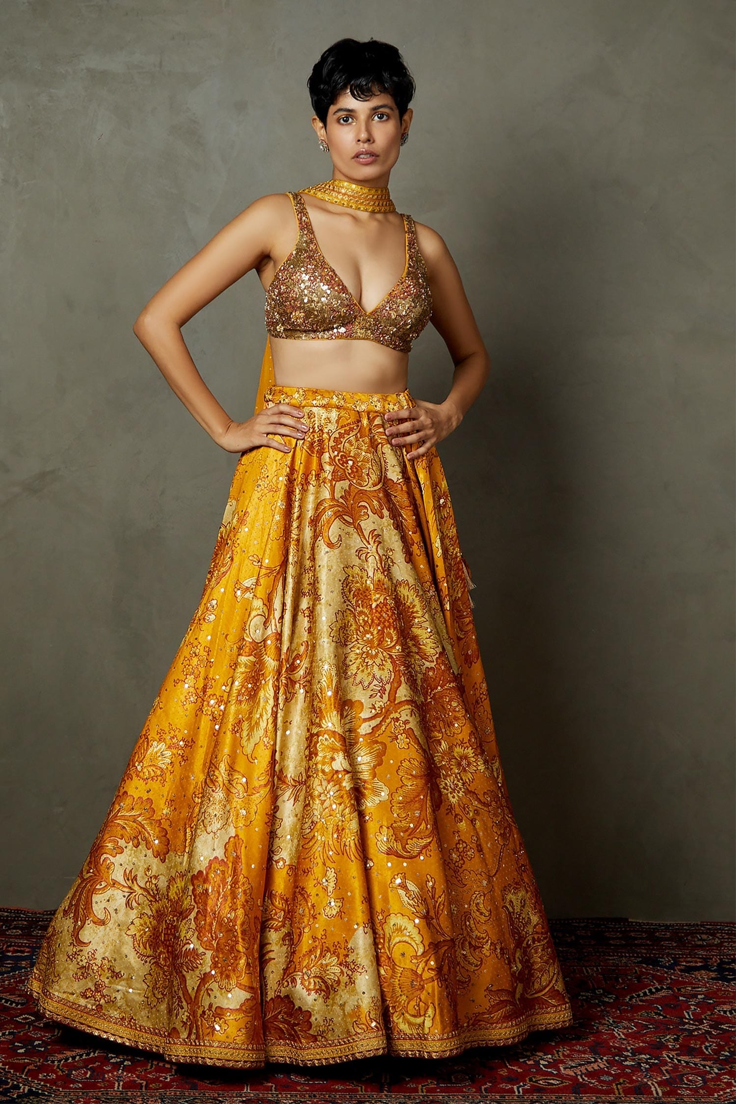Buy RI.Ritu Kumar Yellow Blouse Kylie Floral Embroidered Lehenga Set ...