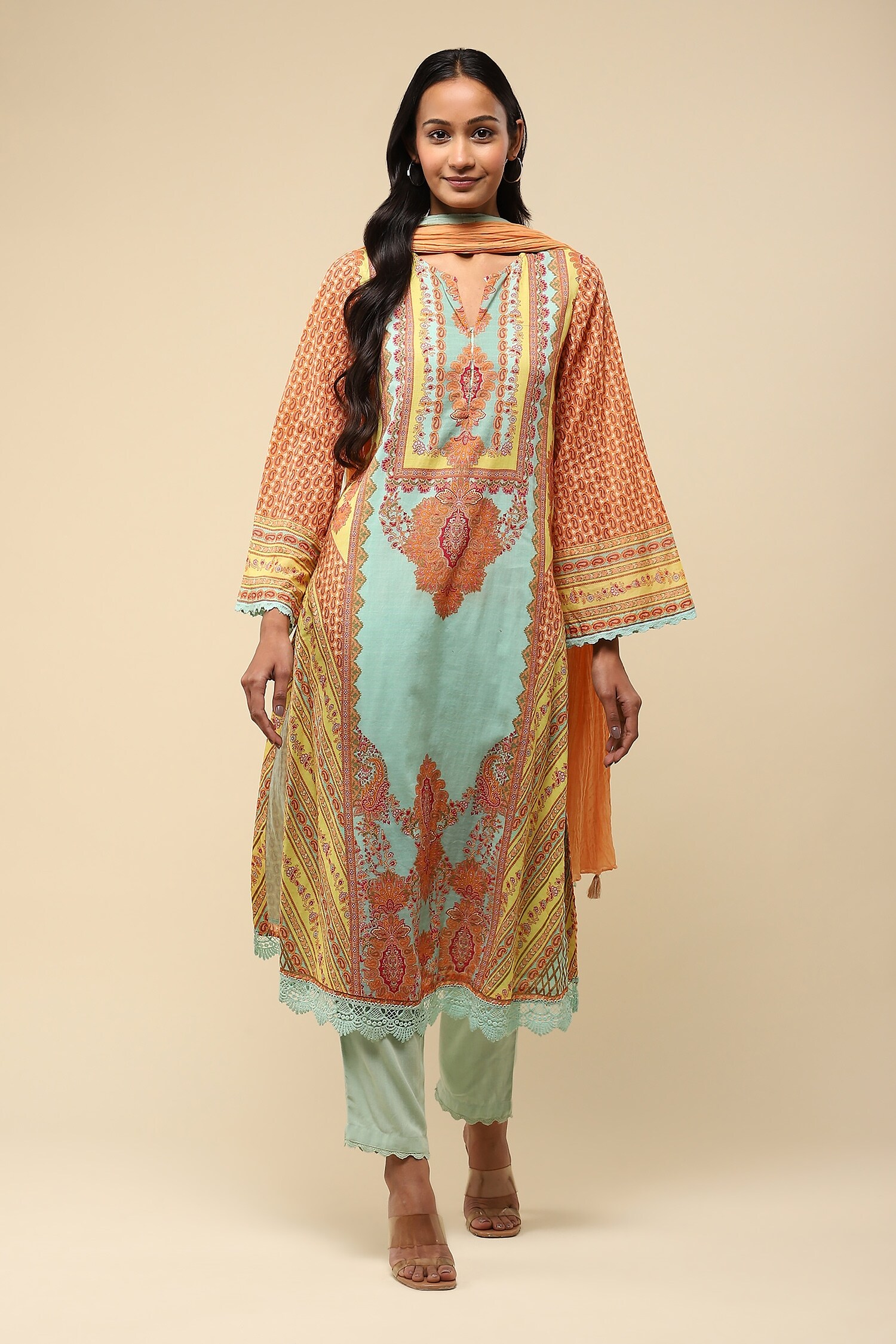 Buy Blue 100% Cotton Printed Paisley Notched Kurta Set For Women by ...