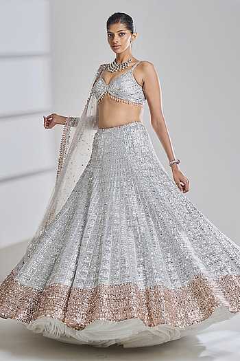 Buy Seema Gujral Silver Net Sequin Embroidered Lehenga Set Online | Aza ...