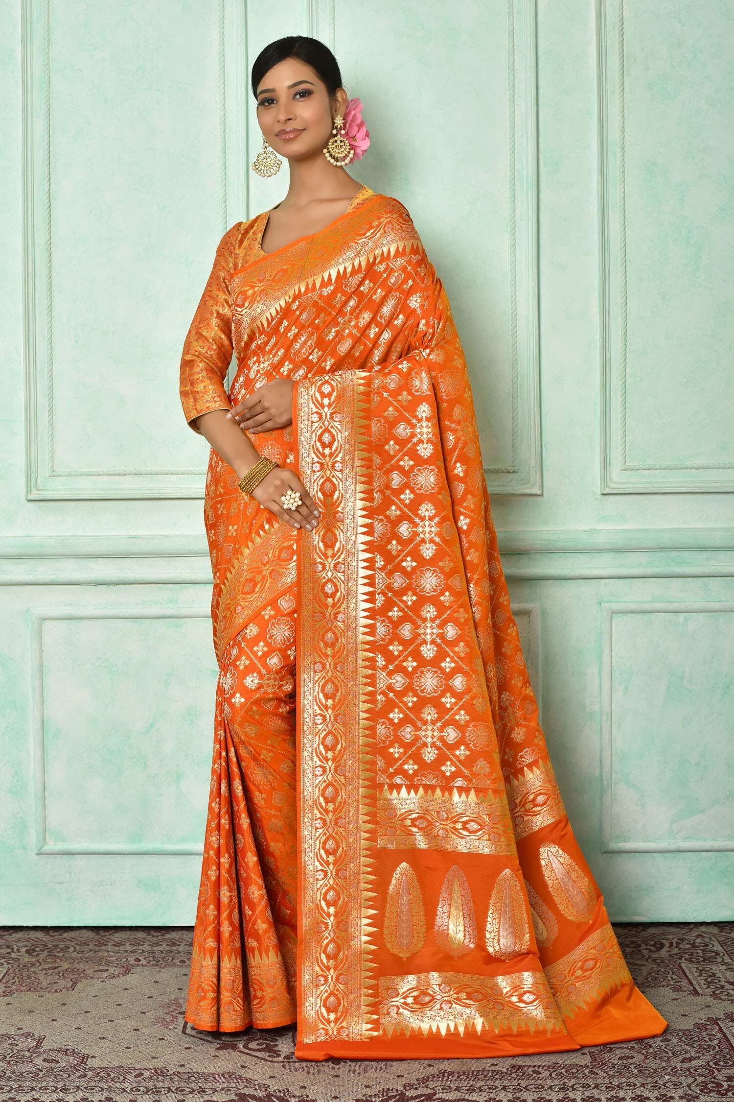 Buy Orange Katan Silk Woven Floral Saree With Running Blouse For Women