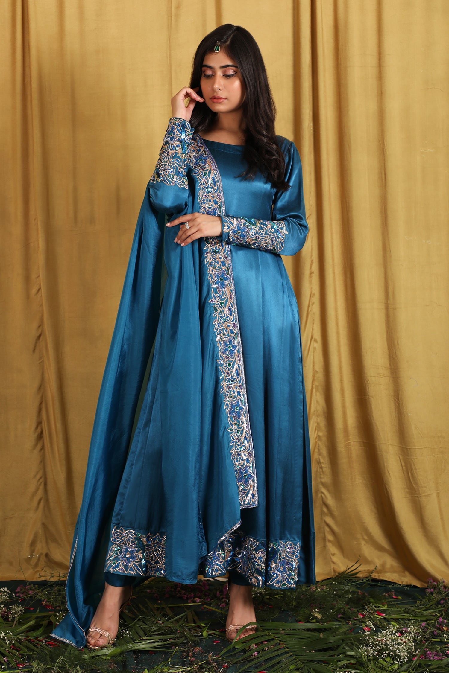 Buy Blue Mashru (exhibits A Face And Cotton Floral And Peacock Kurta ...