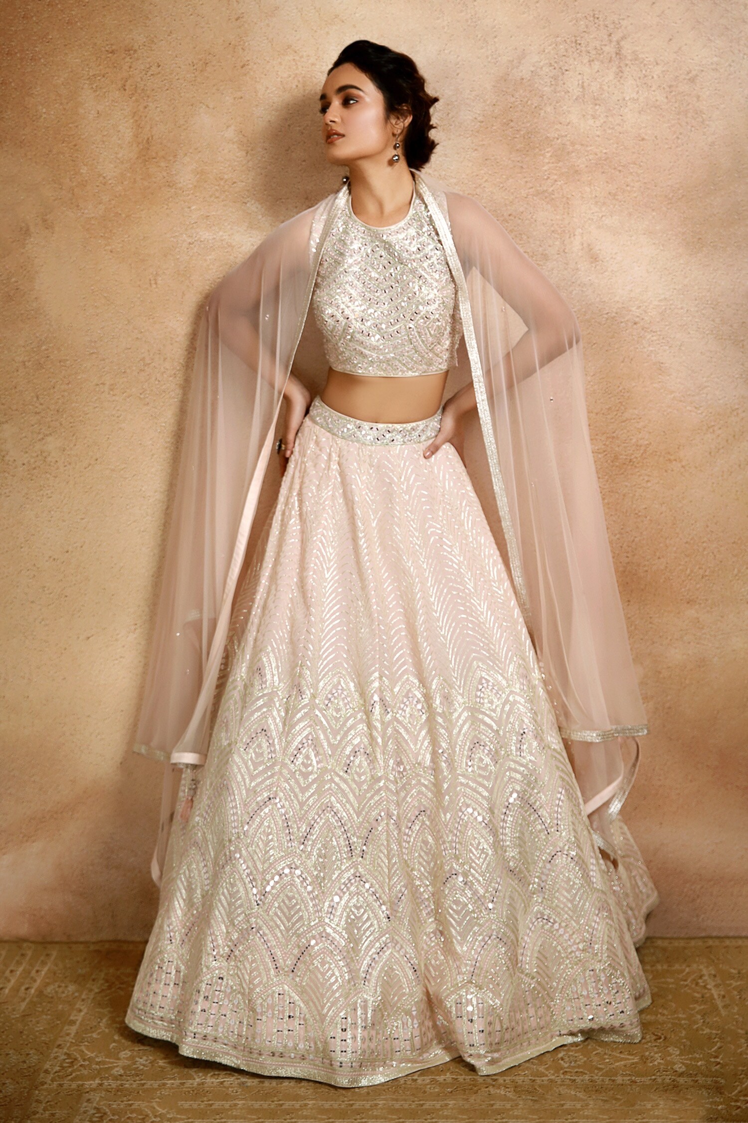 Buy Peach Georgette Embroidery Mirror Halter Neck Lehenga Set For Women ...