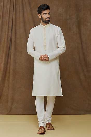 Buy Cream Kurta Linen Cotton Plain Straight Churidar Set For Men by ...