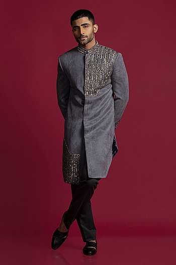 Buy Jayesh Shah Grey Suede Velvet Panel Embroidered Sherwani And Pant ...