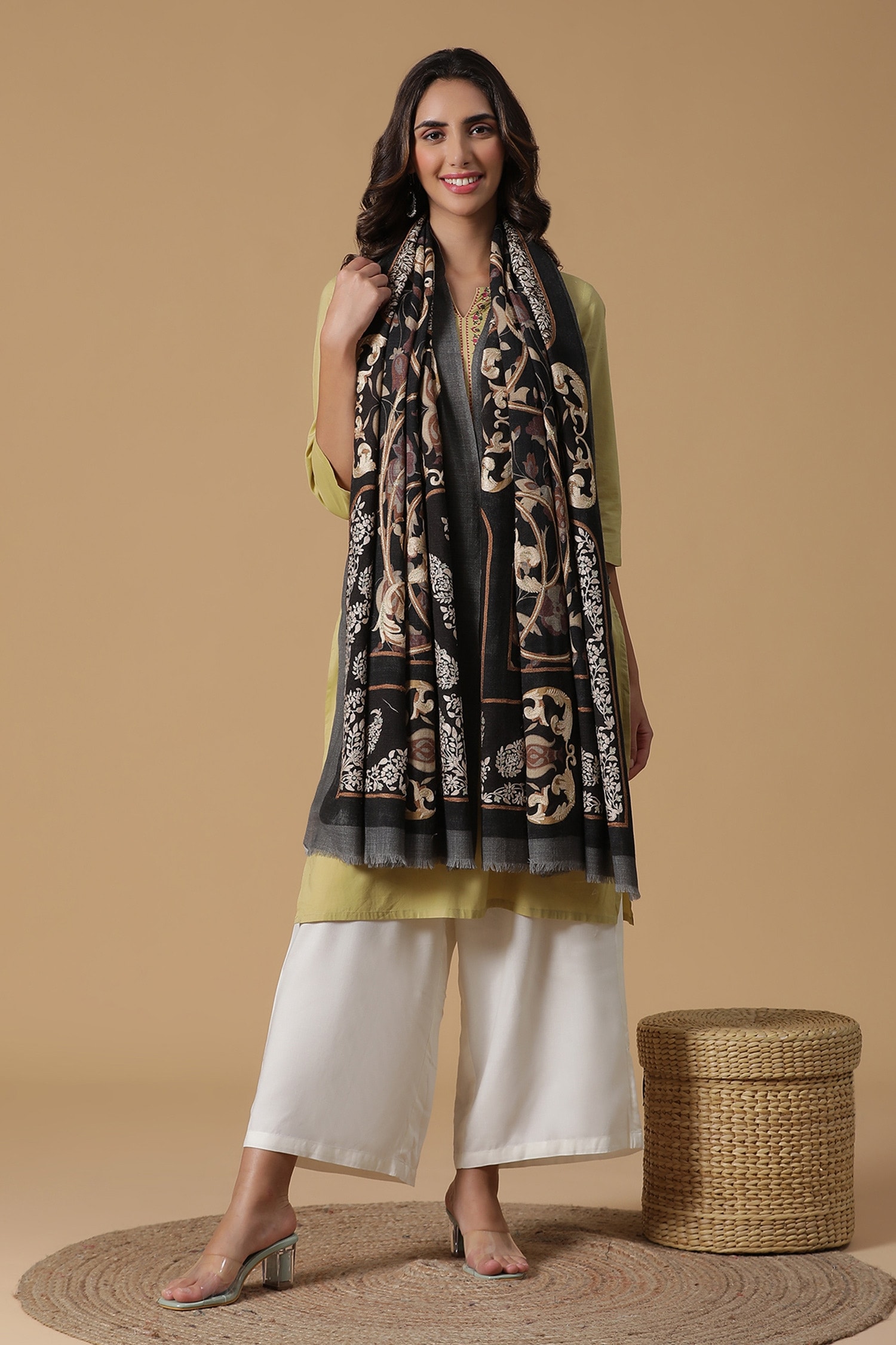 Buy Black Print And Embroidery Wool Floral Shawl by SHINGORA Online at ...