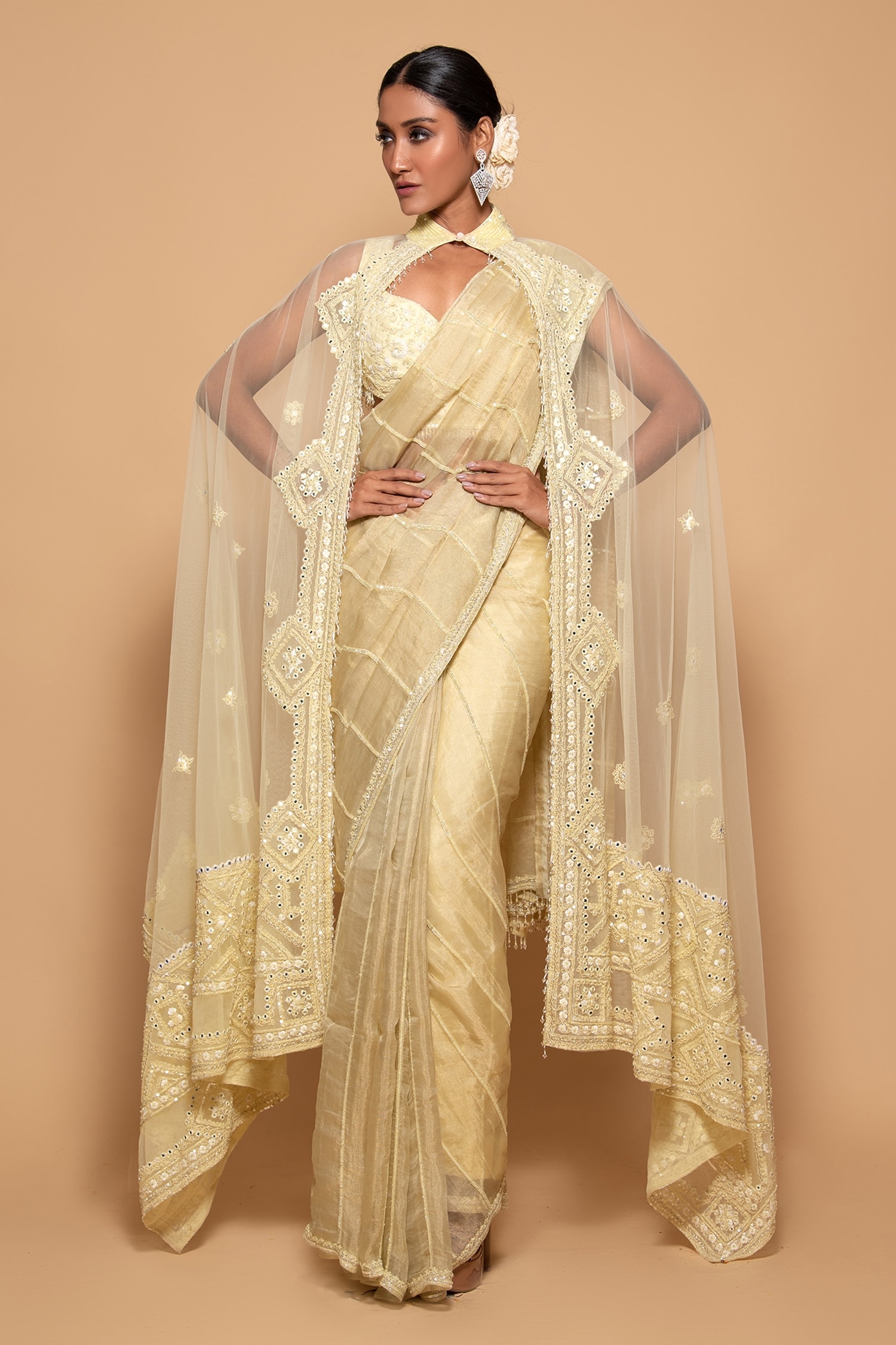 Buy Pallavi Poddar Yellow Tissue Light Gamma Mirror Work Embellished ...