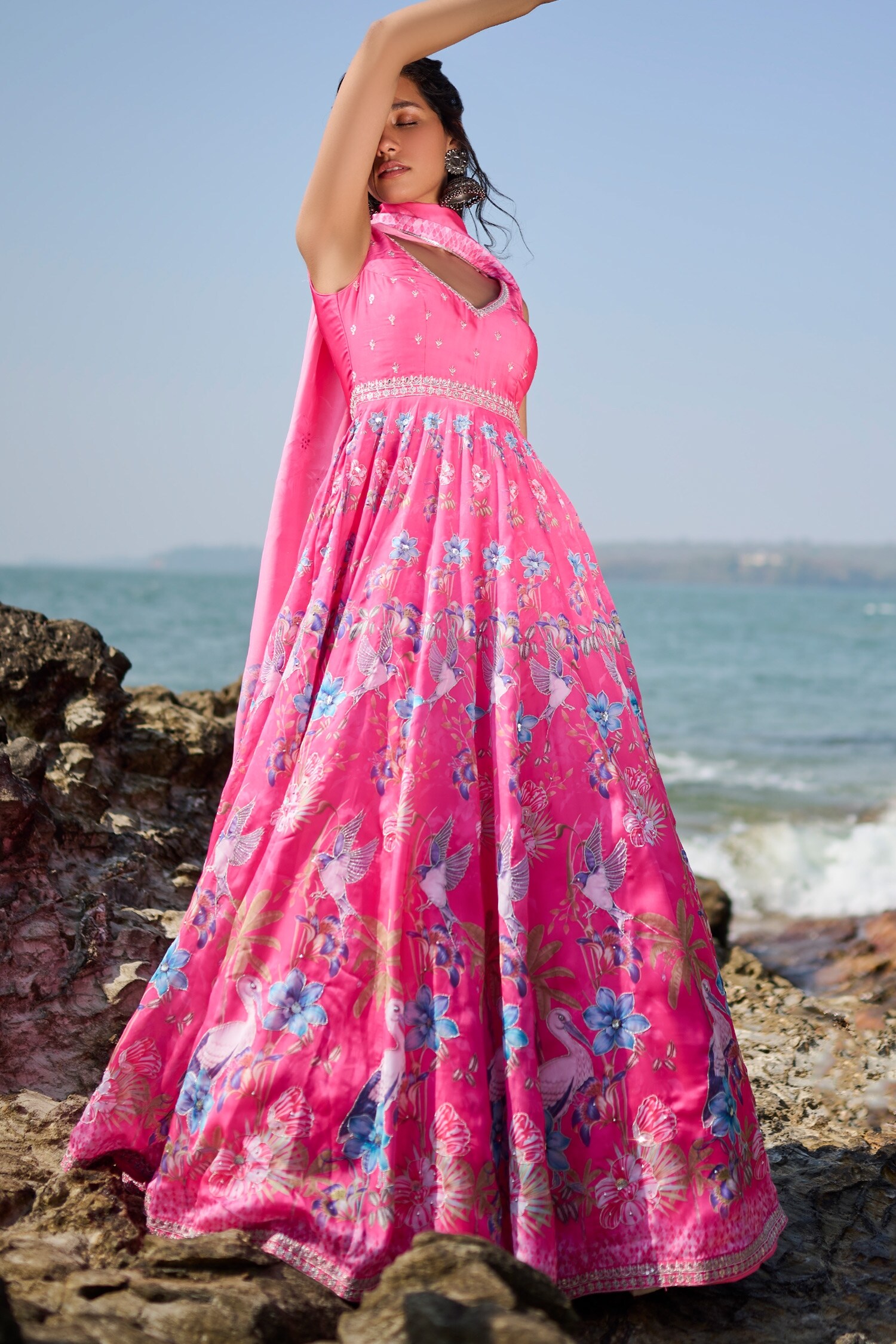 Buy Pink Satin Georgette Print Floral V Flower Vine And Crane Anarkali ...