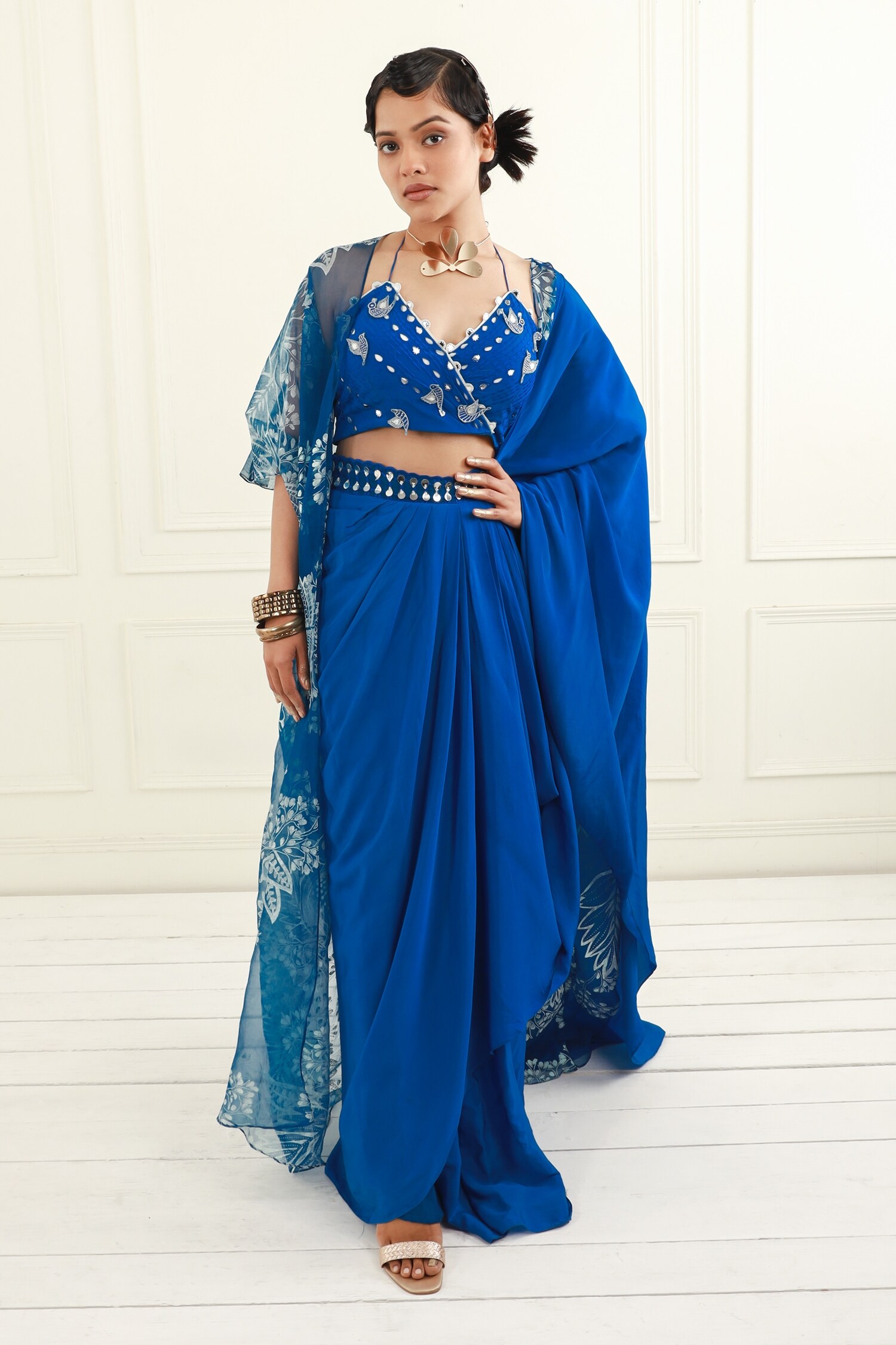 Buy Blue Organza And Crepe Print & Embroidery Cape & Pre-draped Saree ...