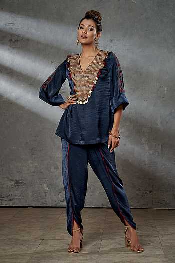 Buy Aditi Somani Blue Silk Suede Embroidered Tunic And Dhoti Pant Set ...
