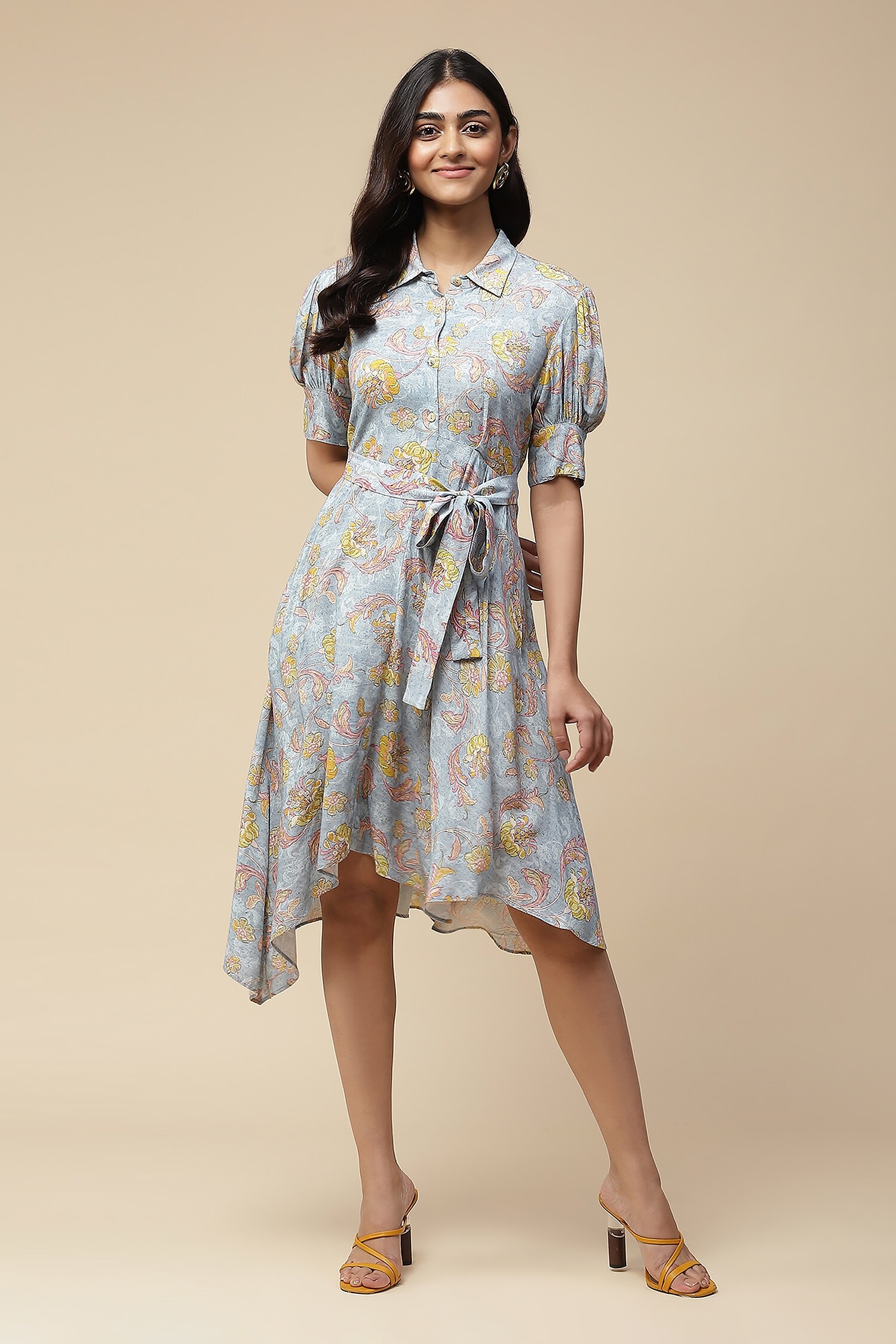 Buy Aarke Ritu Kumar Blue Viscose Floral Pattern Shirt Dress Online ...