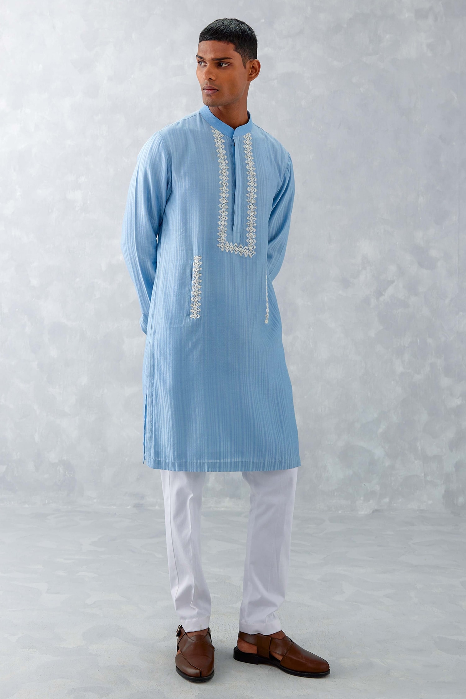 Buy Devnaagri Blue Woven Chanderi Embroidered Placket Kurta And Pant ...