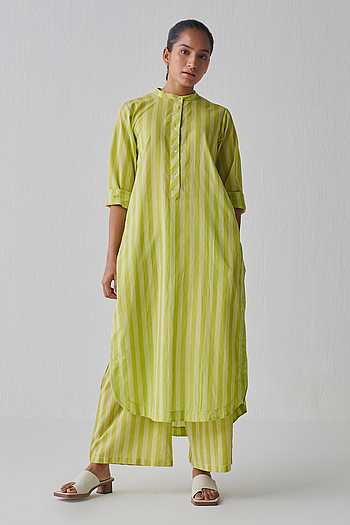 Buy Green Mul Woven Stripe Mandarin Collar Tunic For Women by THREE ...