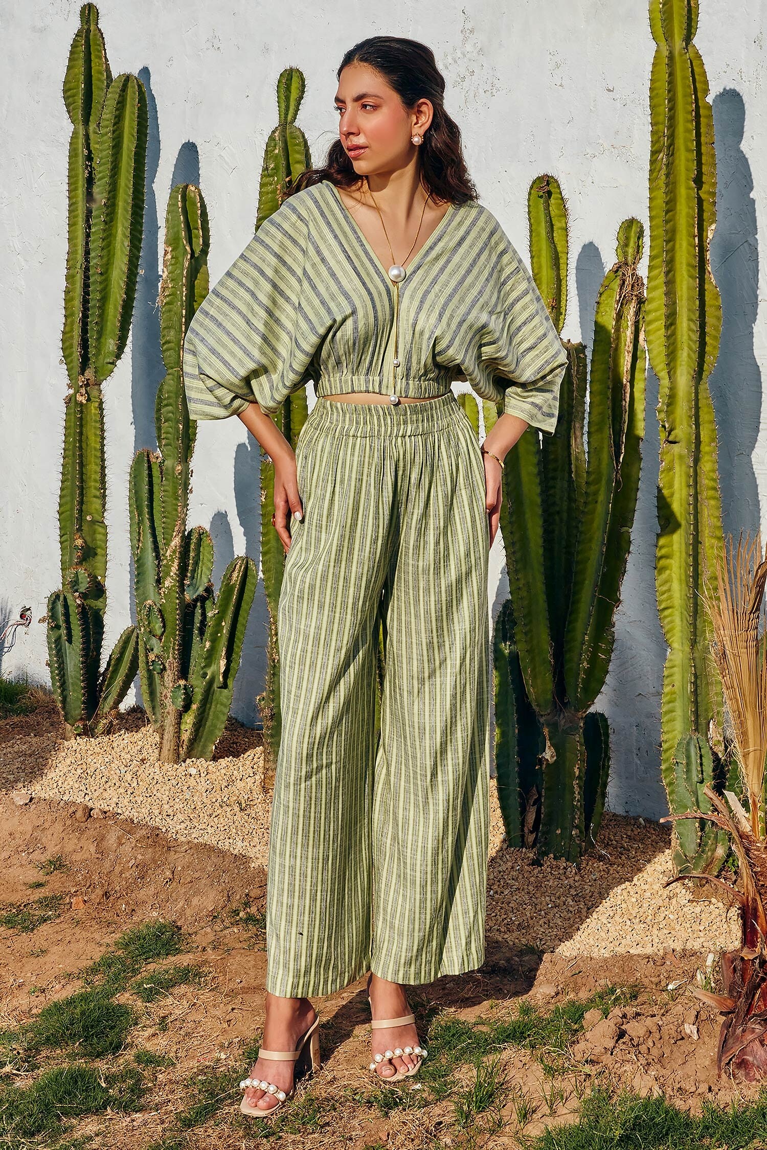 Buy Green Cotton Rayon Stripe Pattern V Neck Top And Pant Set For Women ...