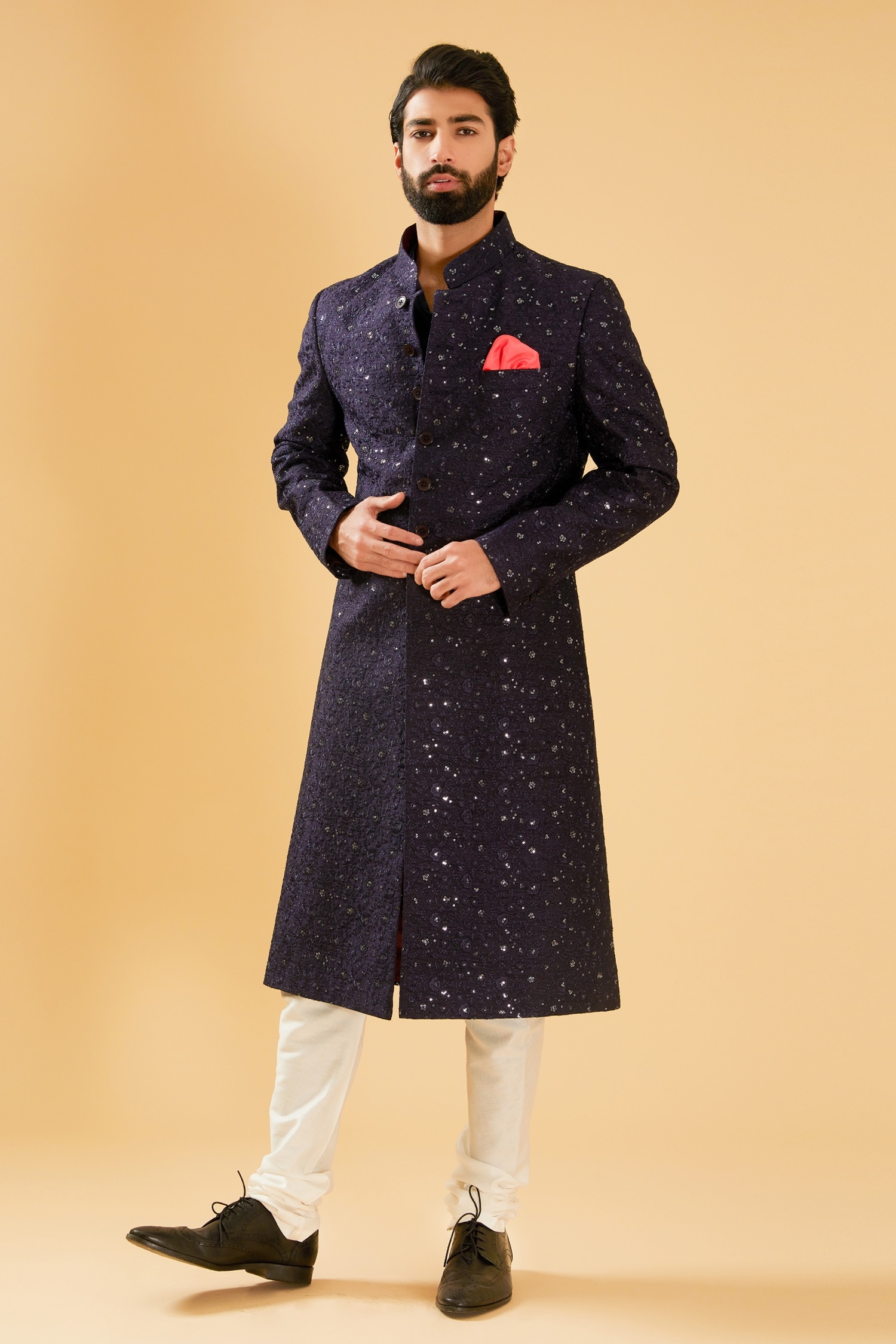 Buy Blue Raw Silk Embroidery Flower And Sequin Achkan For Men by ...