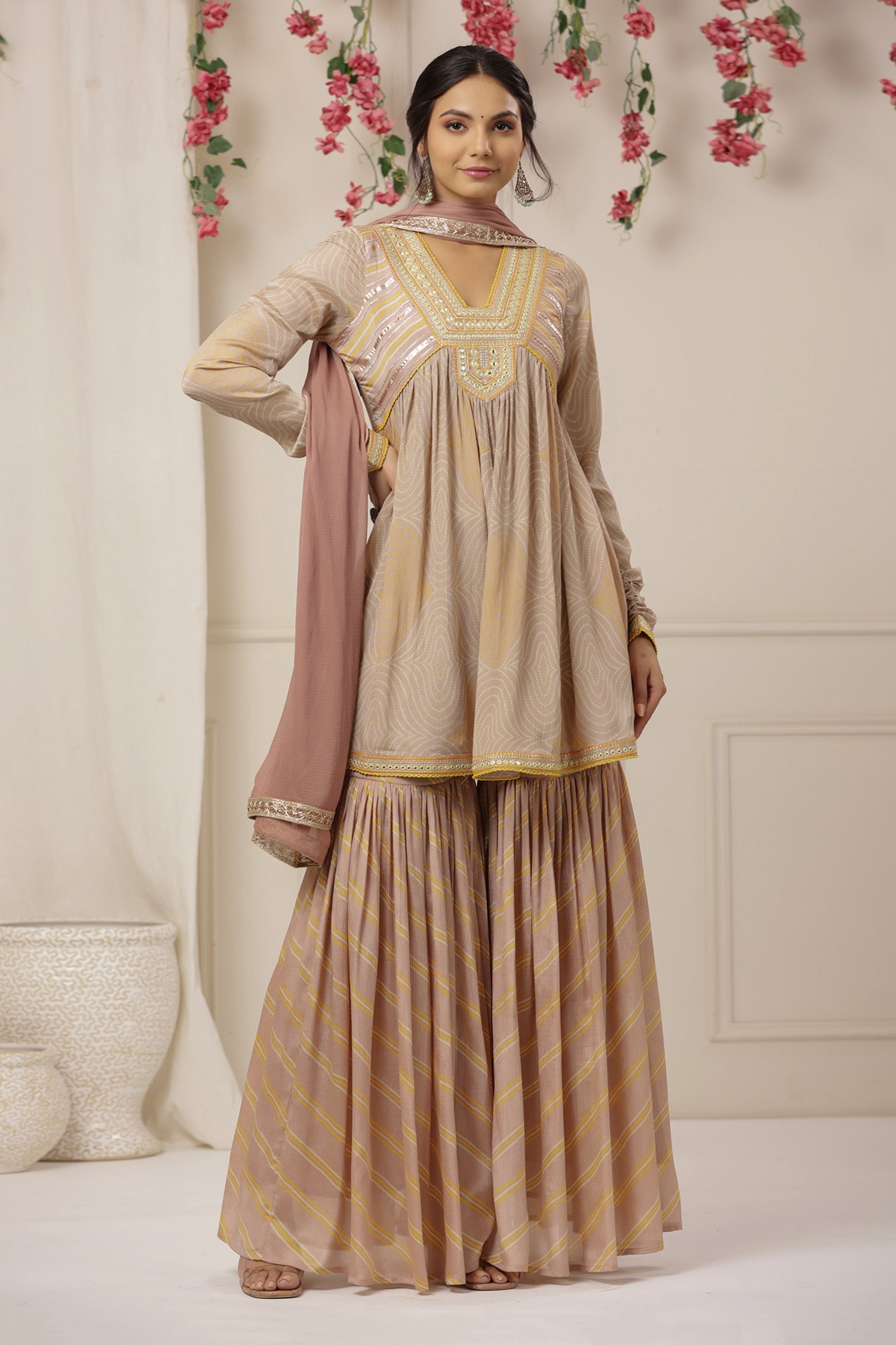 Buy Peach Chinon Embroidered Bandhej Pattern Soft Anarkali Sharara Set ...