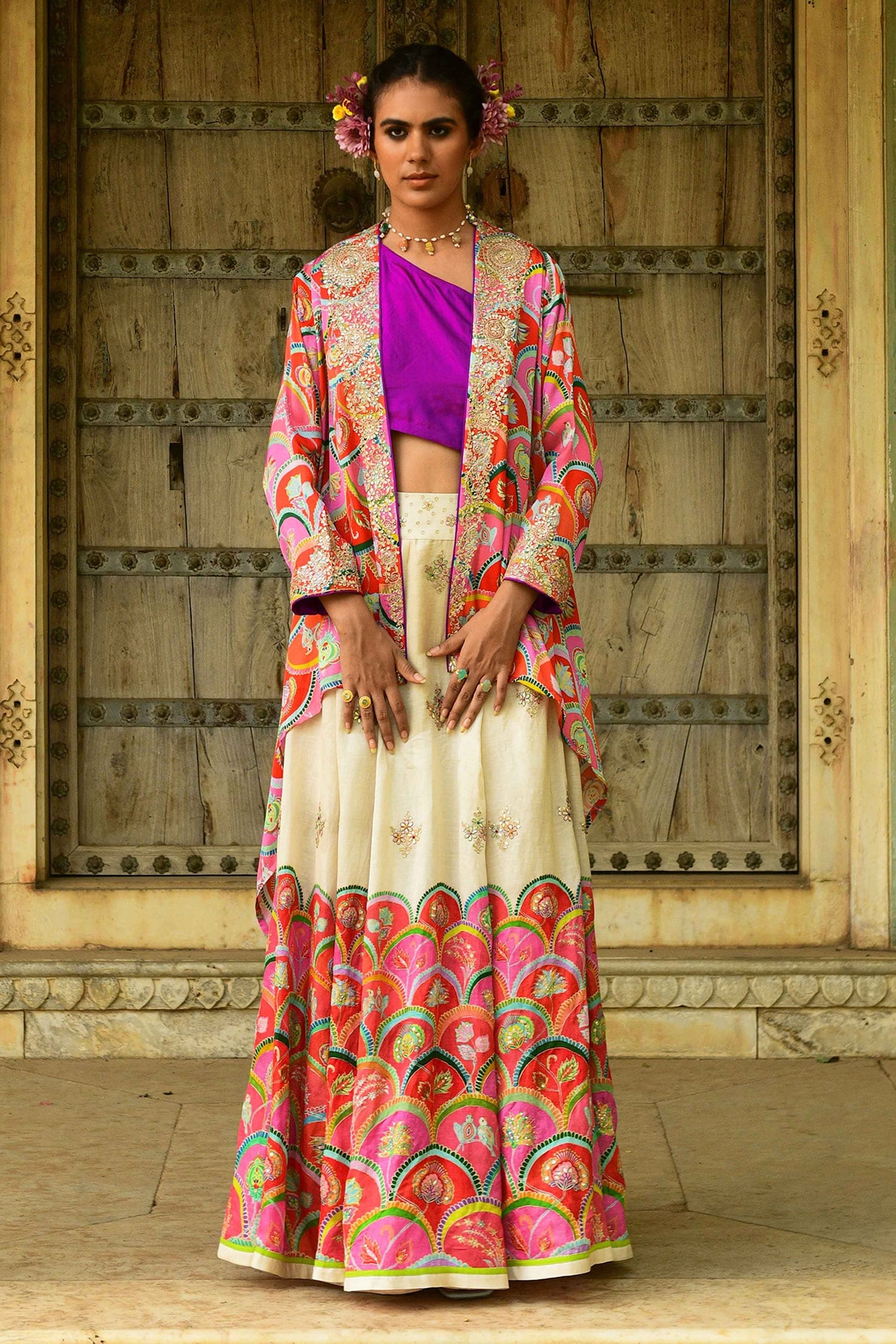 Buy Red Modal Silk Embroidery Gota Patti Open Nargis Cape For Women By