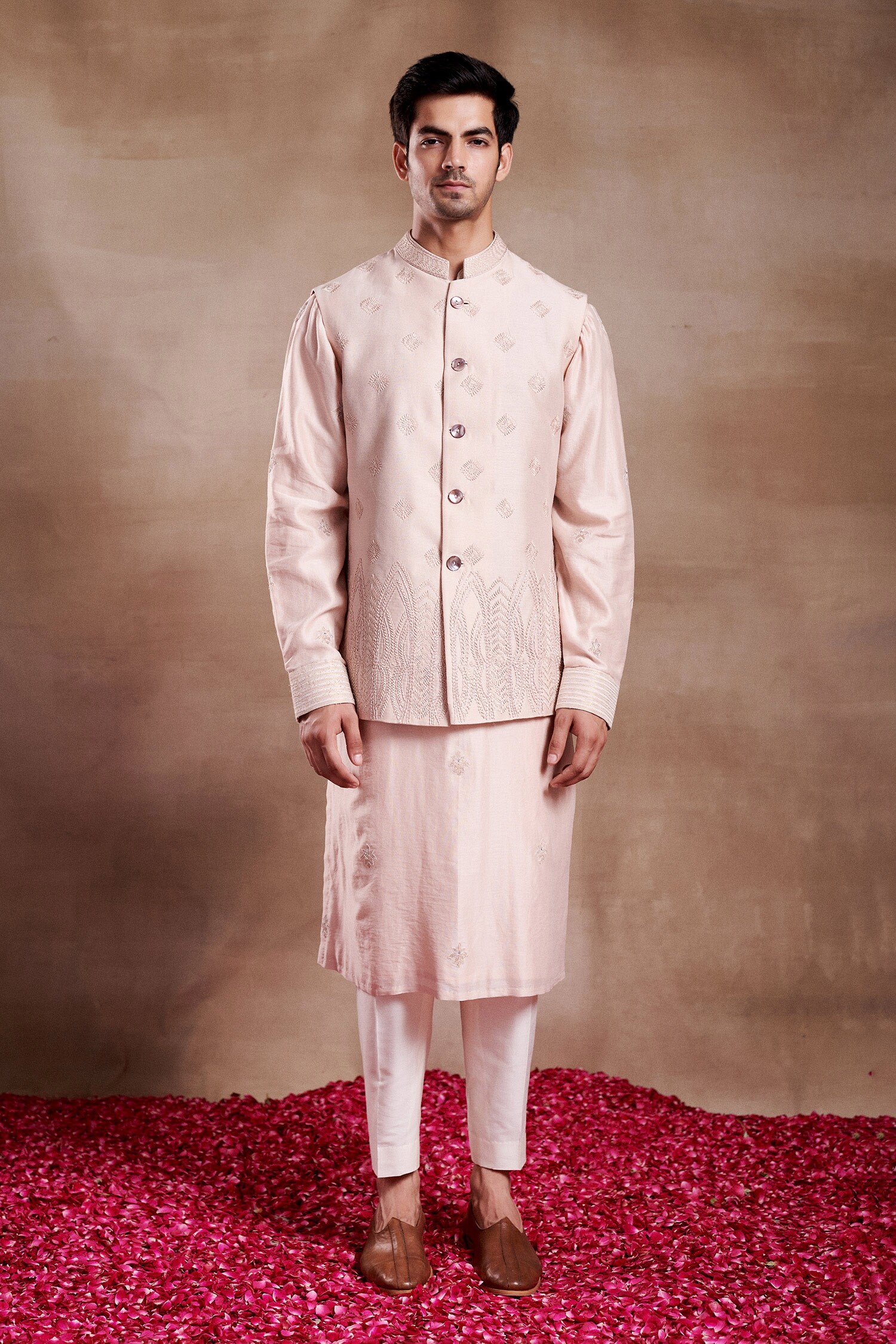 Buy Pink Chanderi Embroidered Neer Waist Coat For Men by SHASHA GABA ...