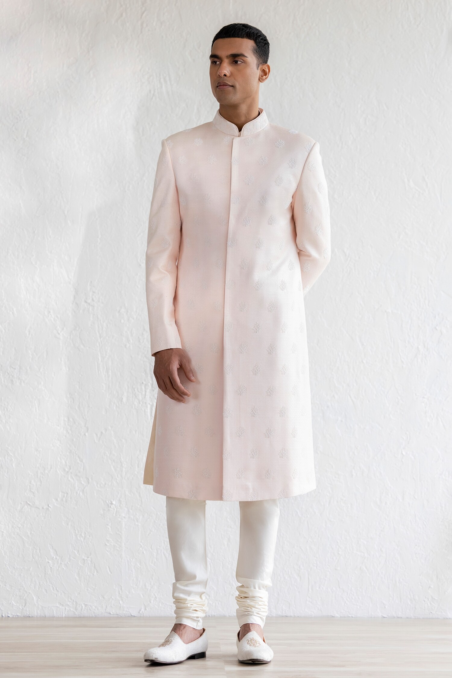 Buy Pink Sherwani Cotton Matka Embroidered Floral Abduz Bead Set For ...