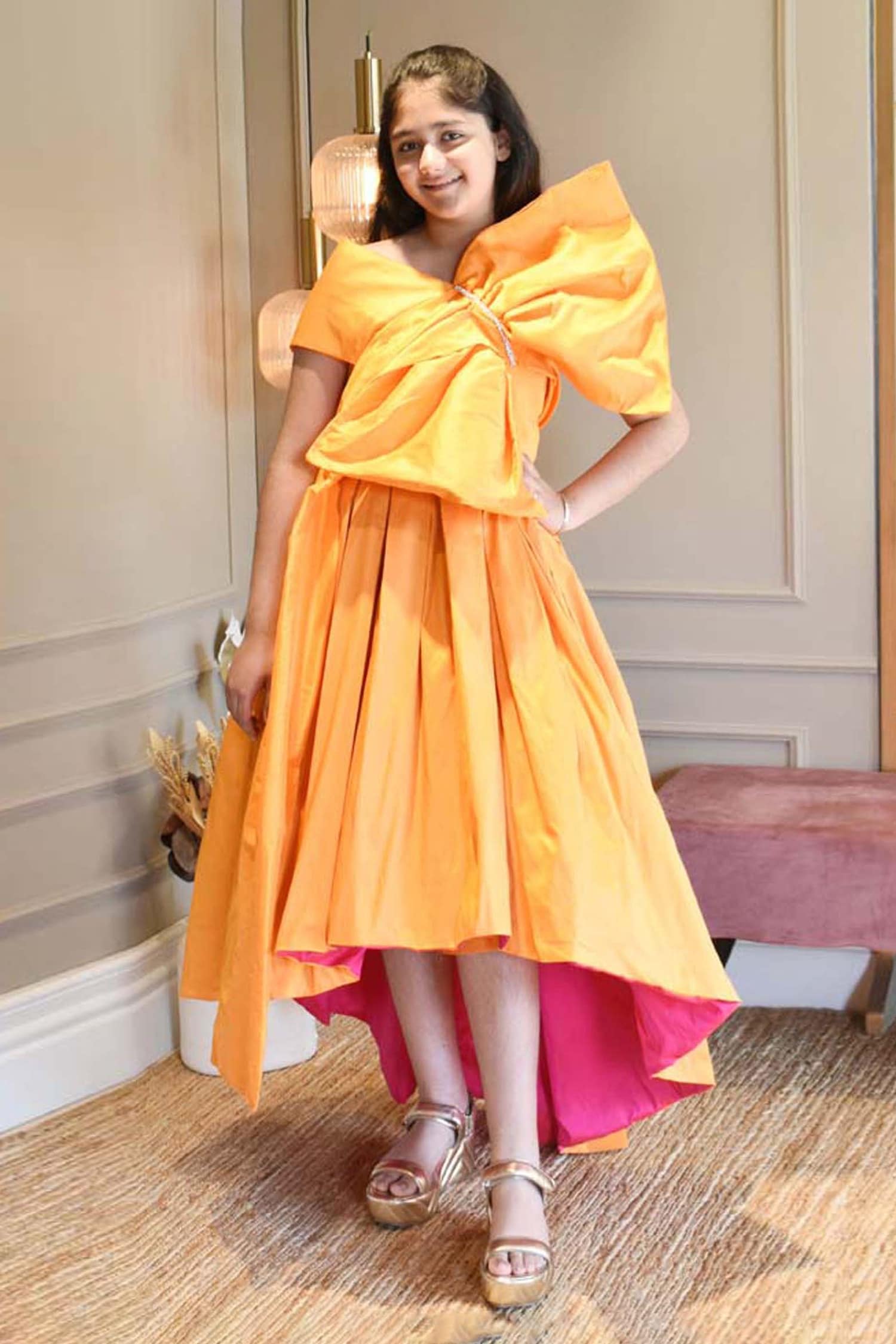 Buy Orange Taffeta Off Shoulder Asymmetric Dress For Girls by FAYON ...