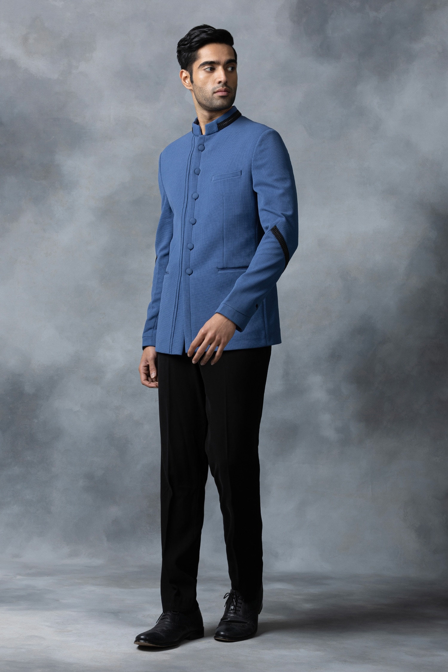 Buy Blue Sandwash Embellished Leather Tape Detailed Bandhgala Pant Set ...