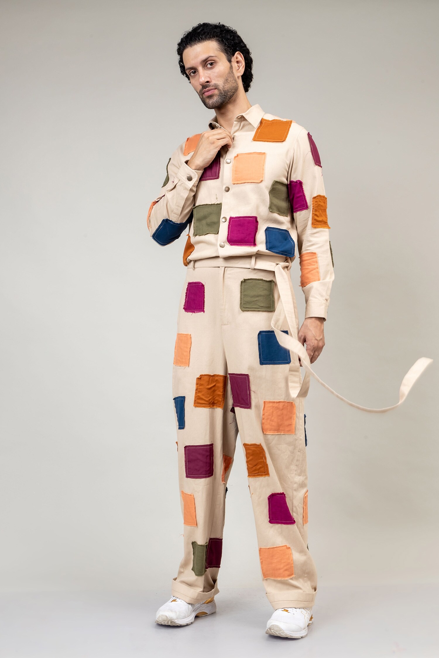 Buy Beige Upcycled Cotton Patches Edward Patchwork Jumpsuit With Belt ...