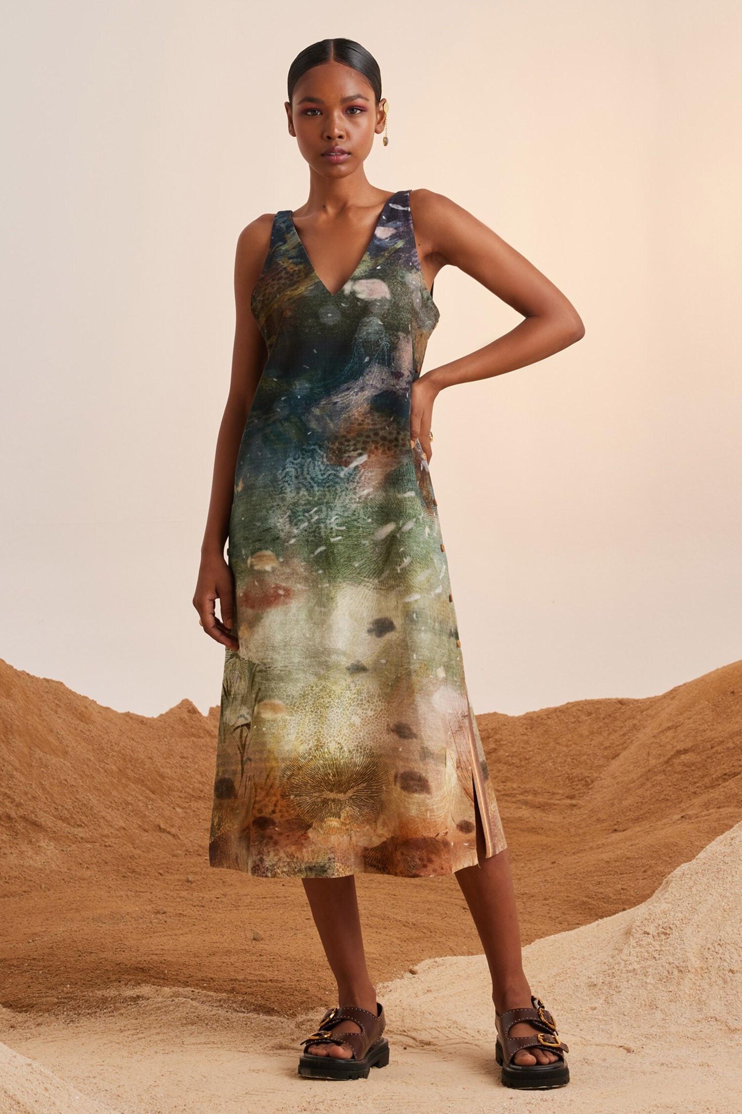 Buy Cord Blue Rayon Zen Underwater Print Dress Online | Aza Fashions