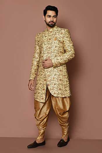 Buy Beige Kurta Phantom Embroidery Floral Sherwani Set For Men by ...